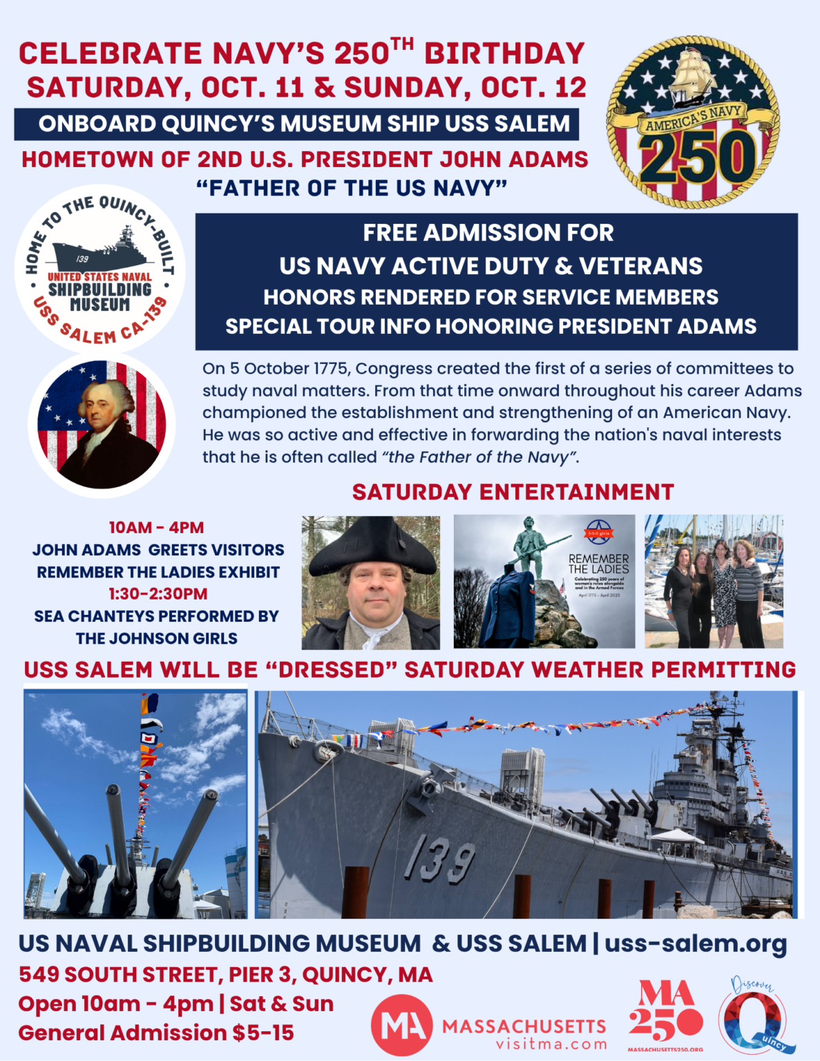 Celebrate US Navy 250th Birthday & President Adams onboard Quincy's ...